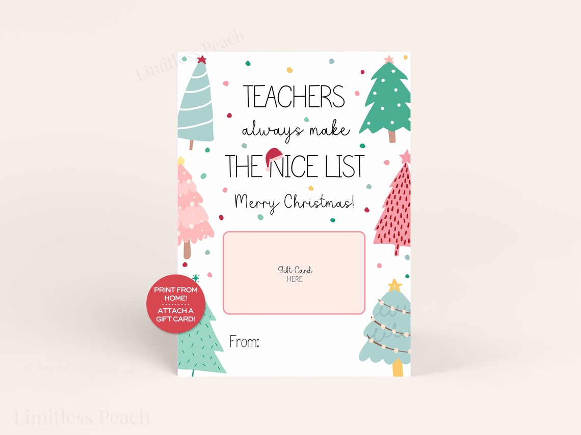 Christmas Teacher Gift Card Holder Printable Christmas Card for Teacher ...