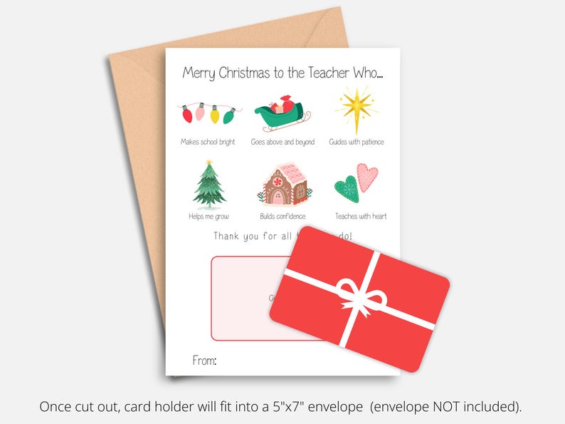 Teacher Christmas Gift Card Holder Printable Christmas Teacher Card for ...