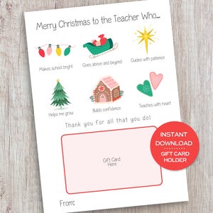 Teacher Christmas Gift Card Holder Printable Christmas Teacher Card for ...