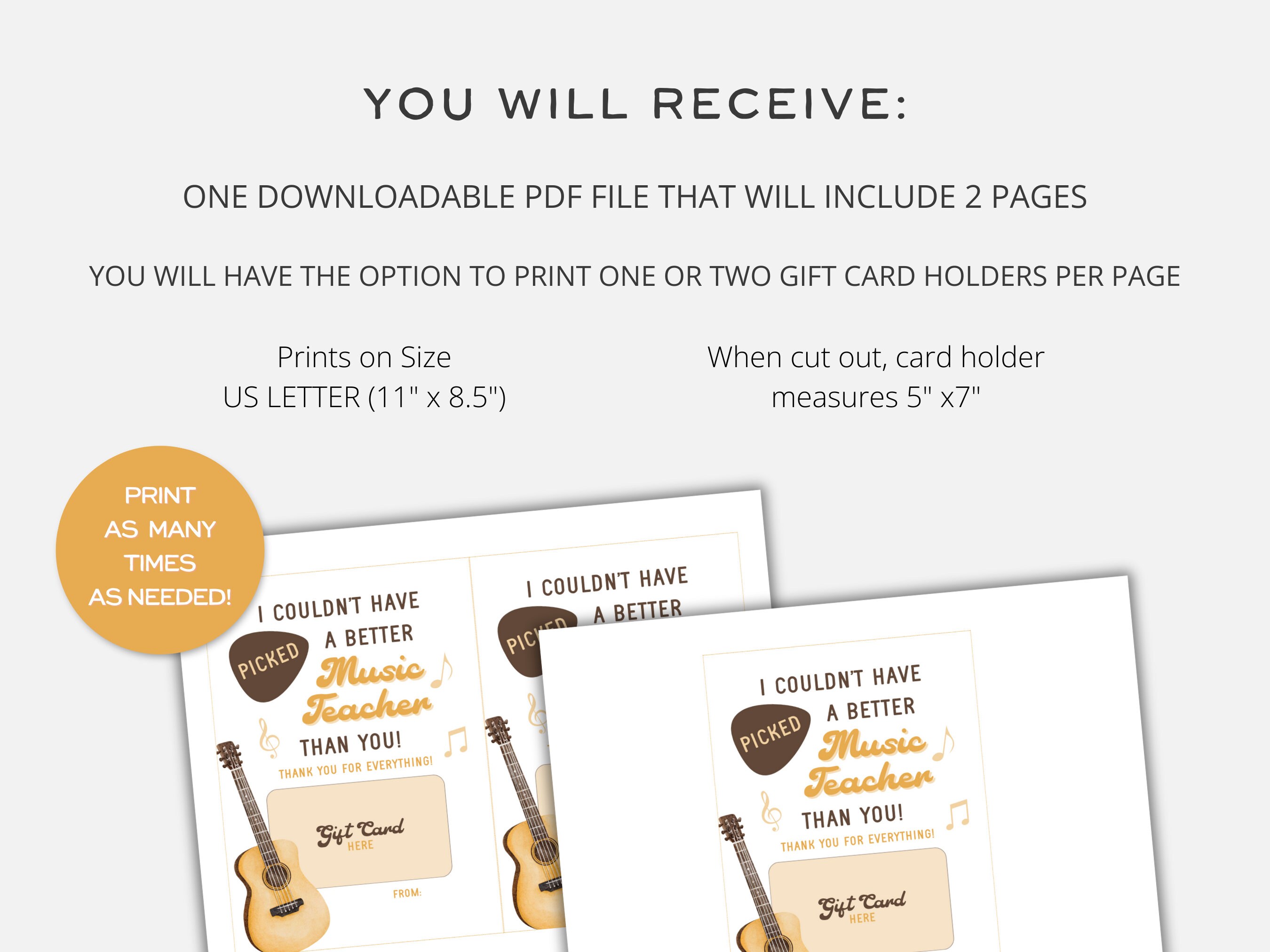 Music Teacher Appreciation Gift Card Holder, Printable Guitar Teacher ...