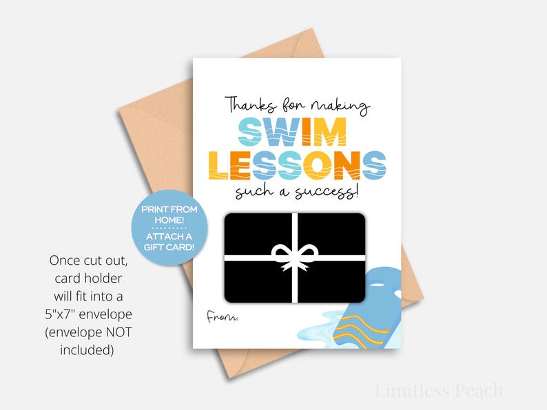 Swim Teacher Thank You Gift Card Holder Printable Thank You Card for ...