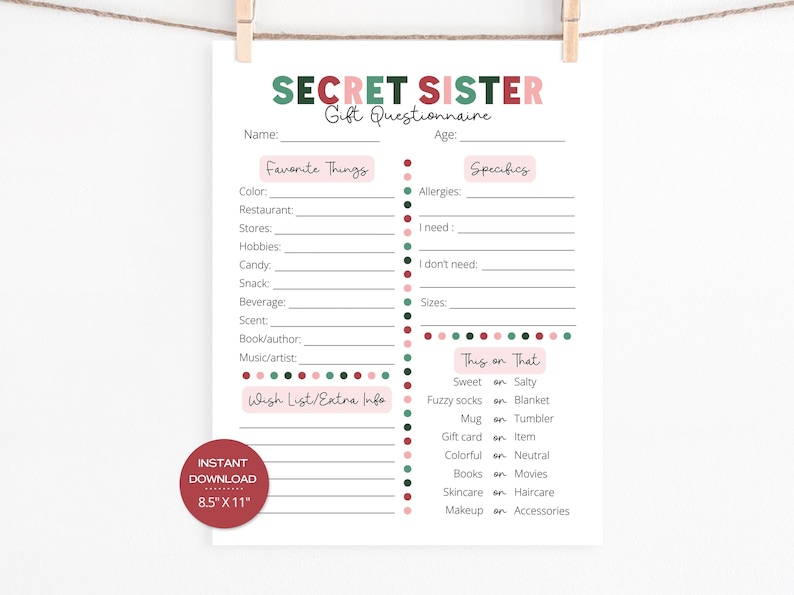 Holiday Secret Sister Questionnaire Printable Form for Secret Sister ...