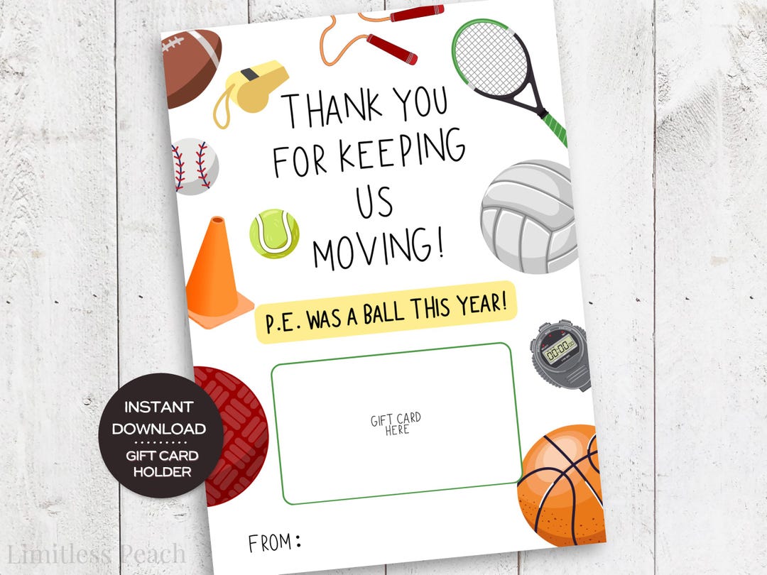 PE Teacher Gift Card Holder Printable Card for PE Teacher Appreciation ...