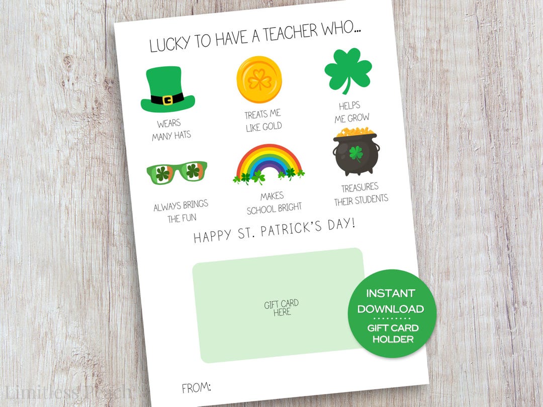 St Patrick's Day Teacher Gift Card Holder Printable Teacher Gift Card ...