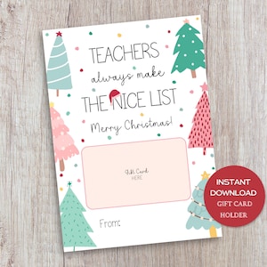Christmas Teacher Gift Card Holder Printable Christmas Card for Teacher ...