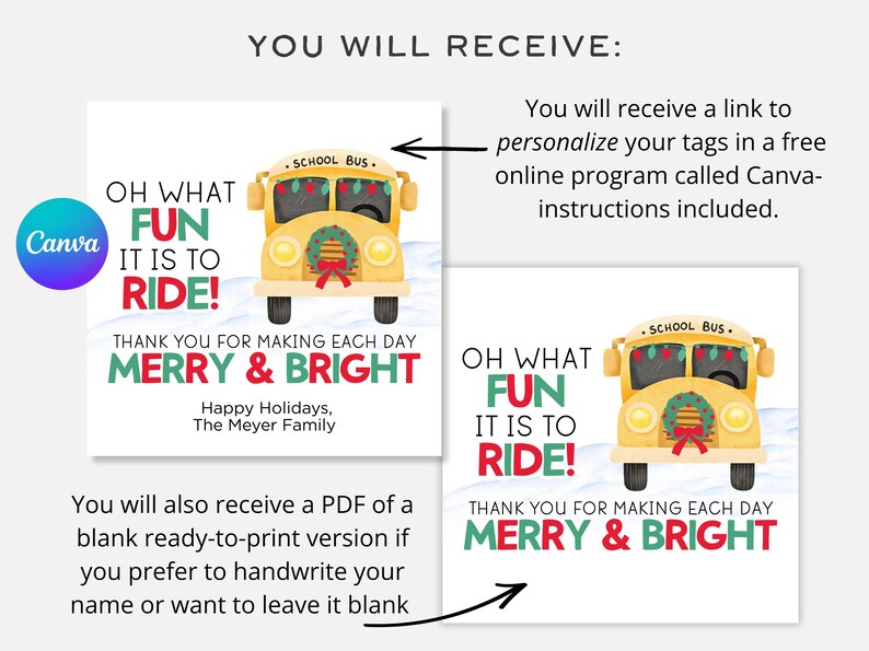Christmas Bus Driver Gift Tag Printable Holiday Tag for Bus Driver ...