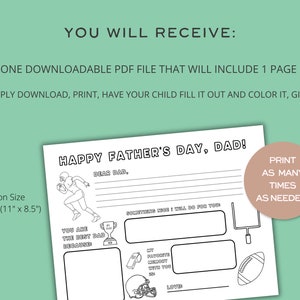 Football Father's Day Printable Coloring Fill in the Blank Page, Gift ...
