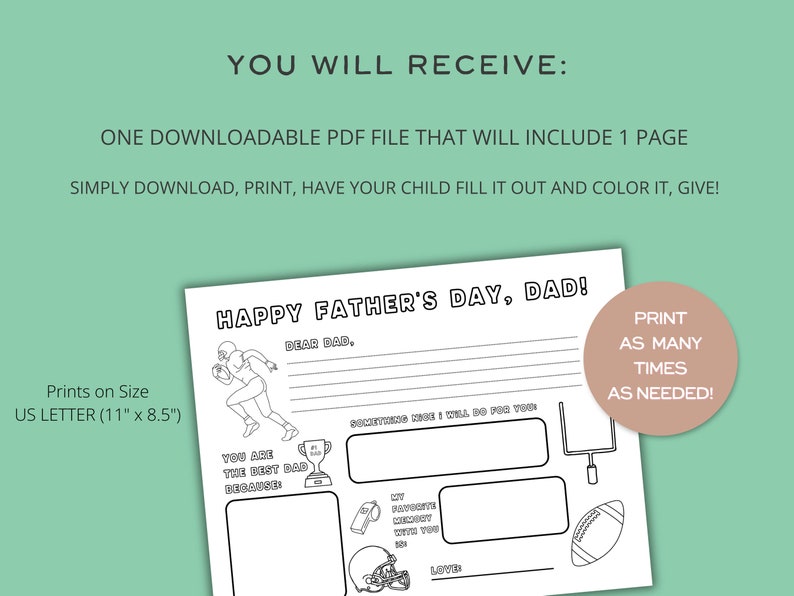 Football Father's Day Printable Coloring Fill in the Blank Page, Gift ...