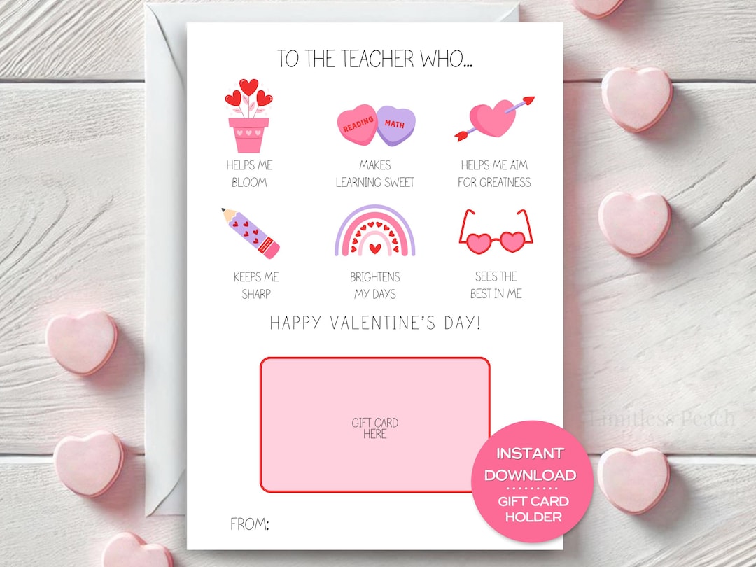 Teacher Valentine Gift Card Holder Printable Teacher Card for Valentine ...