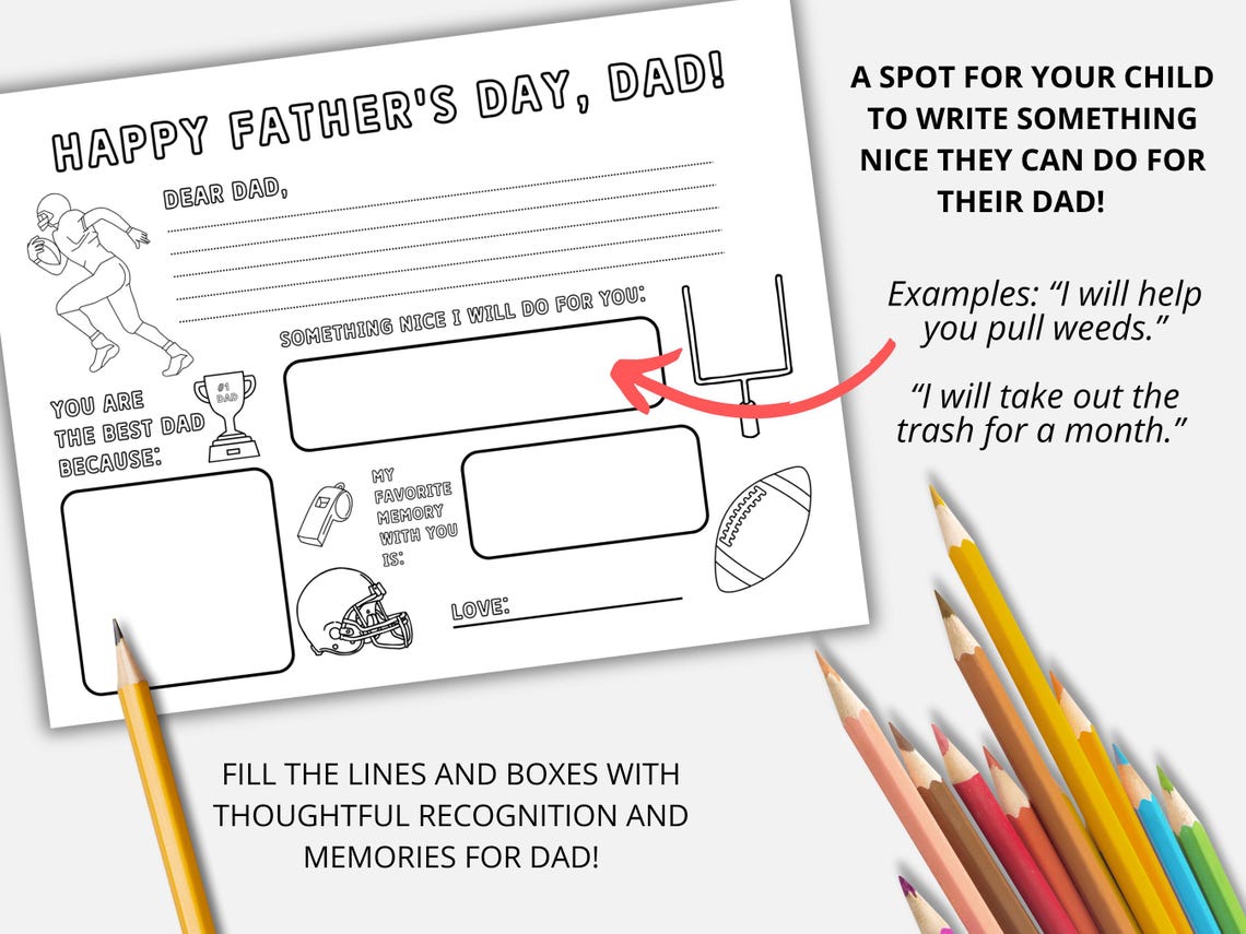 Football Father's Day Printable Coloring Fill in the Blank Page, Gift ...