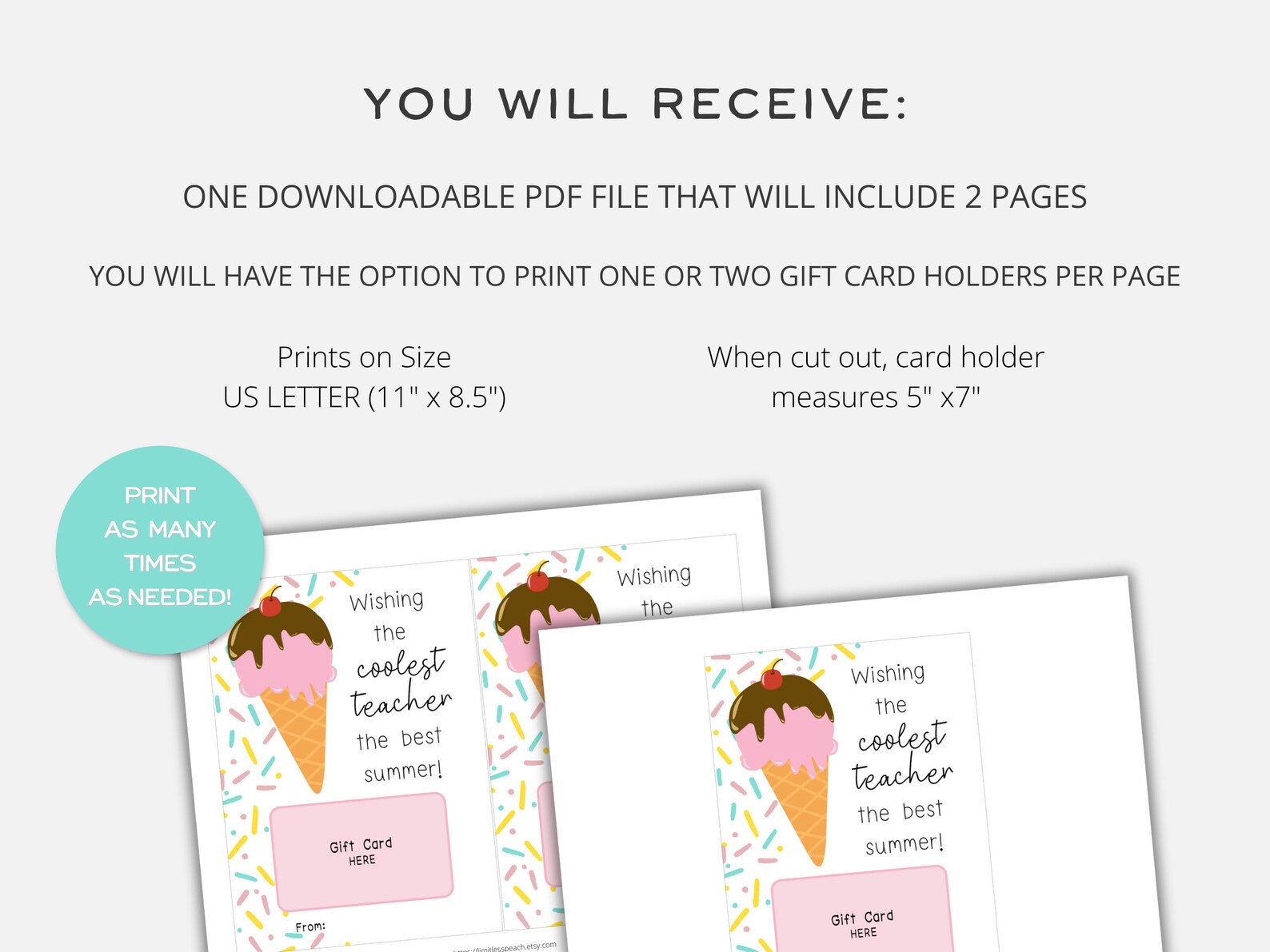 Ice Cream Gift Card Holder for Teachers, Printable End of the School ...