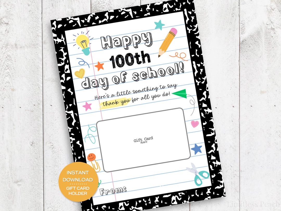 100th Day of School Printable Gift Card Holder for Teacher and School ...