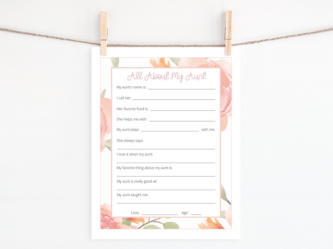 Printable All About My Aunt, Fill in the Blank Questionnaire for Mother ...