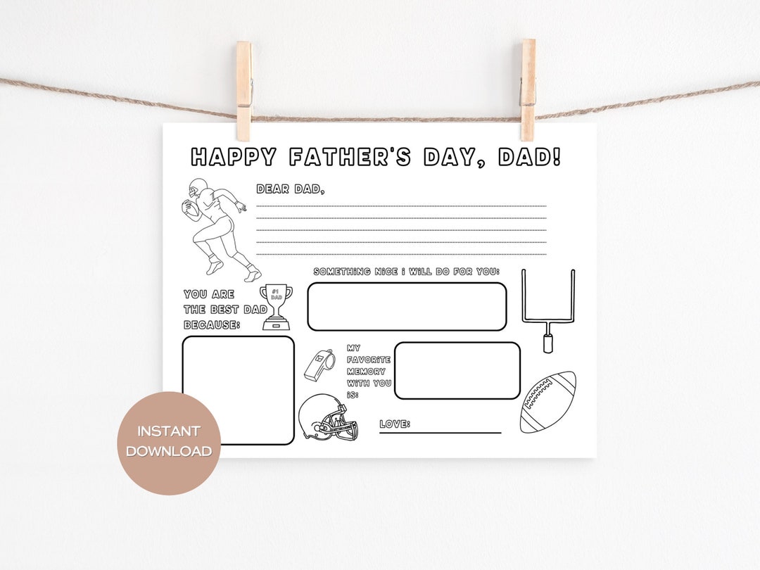 Football Father's Day Printable Coloring Fill in the Blank Page, Gift ...
