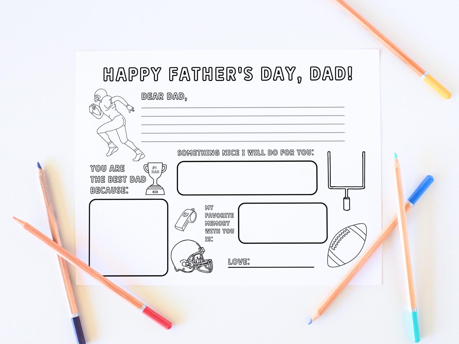 Football Father's Day Printable Coloring Fill in the Blank Page, Gift ...