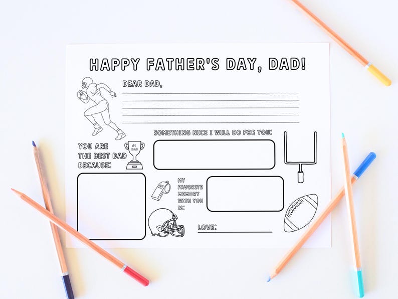 Football Father's Day Printable Coloring Fill in the Blank Page, Gift ...