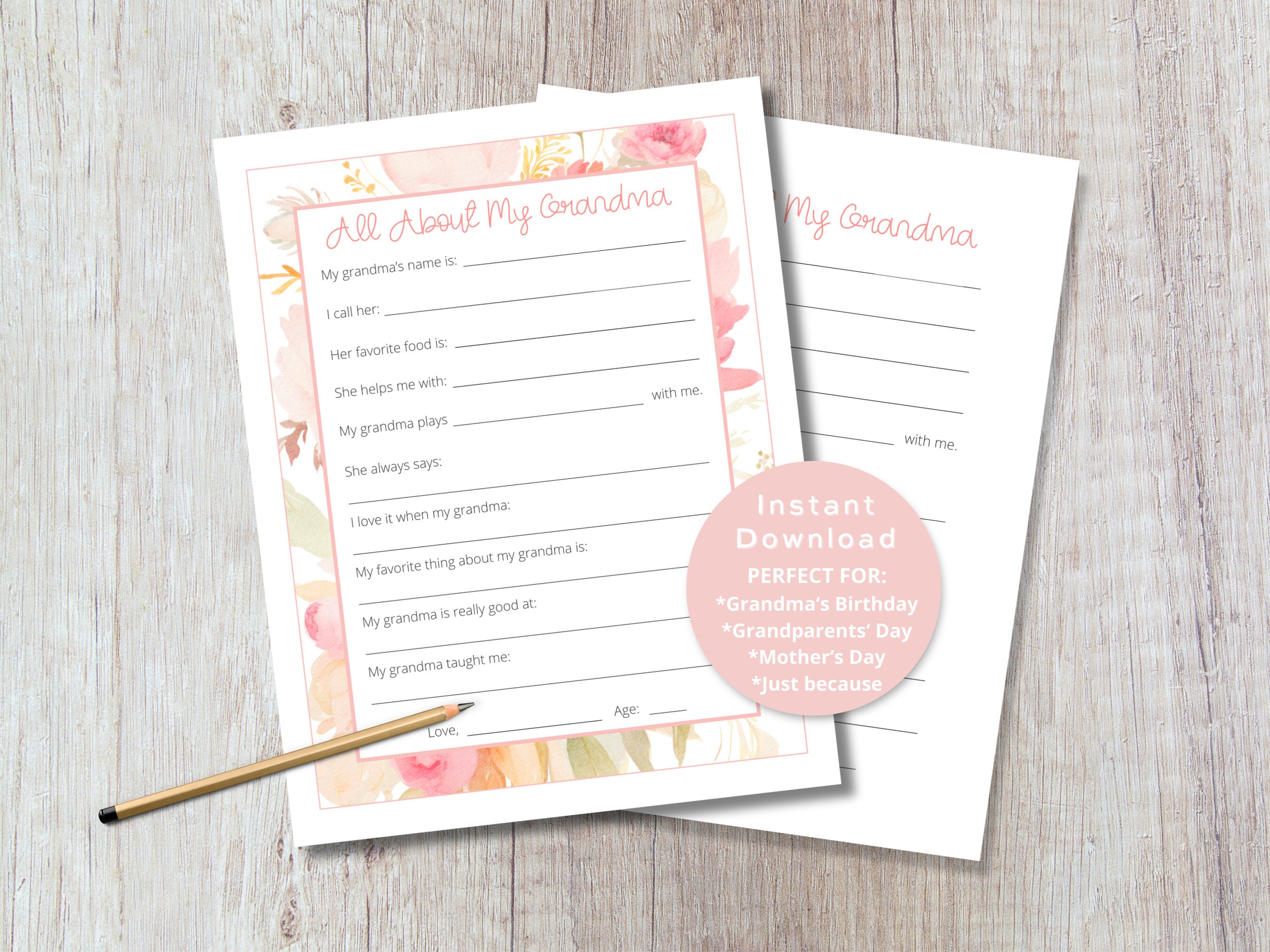All About My Grandma Printable, Grandparents Day Printable, Mother's ...