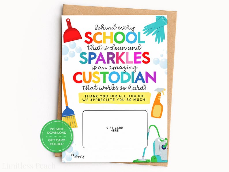Custodian Gift Card Holder Printable Card for School Custodian End of ...