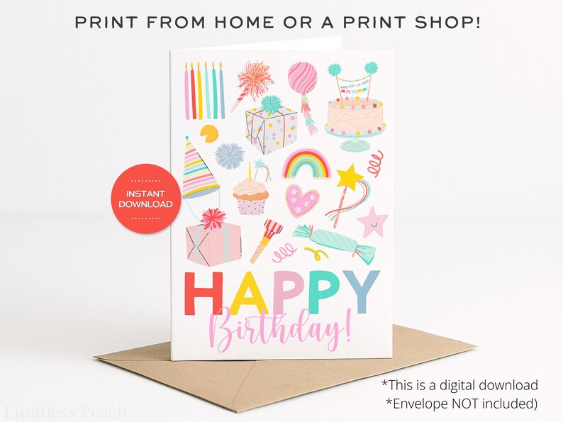 Printable Birthday Card for Girl, Girly Birthday Greeting Card 5x7 ...
