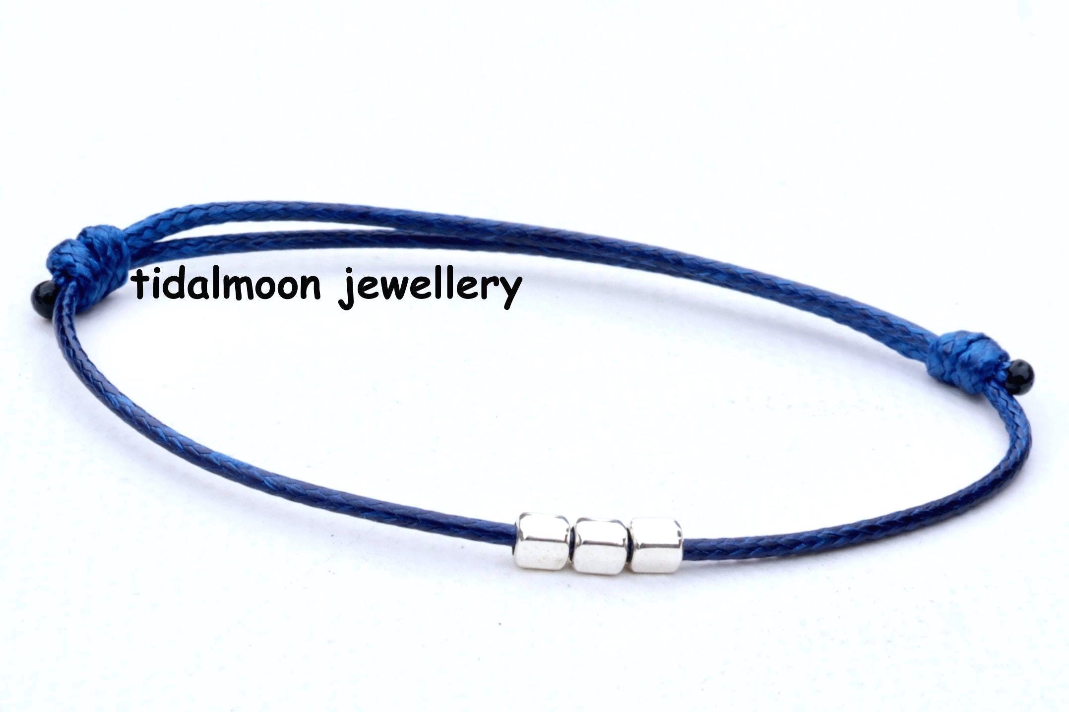 Waxed Cotton Cord/string Bracelet With 3 Sterling Silver Cube Beads ...