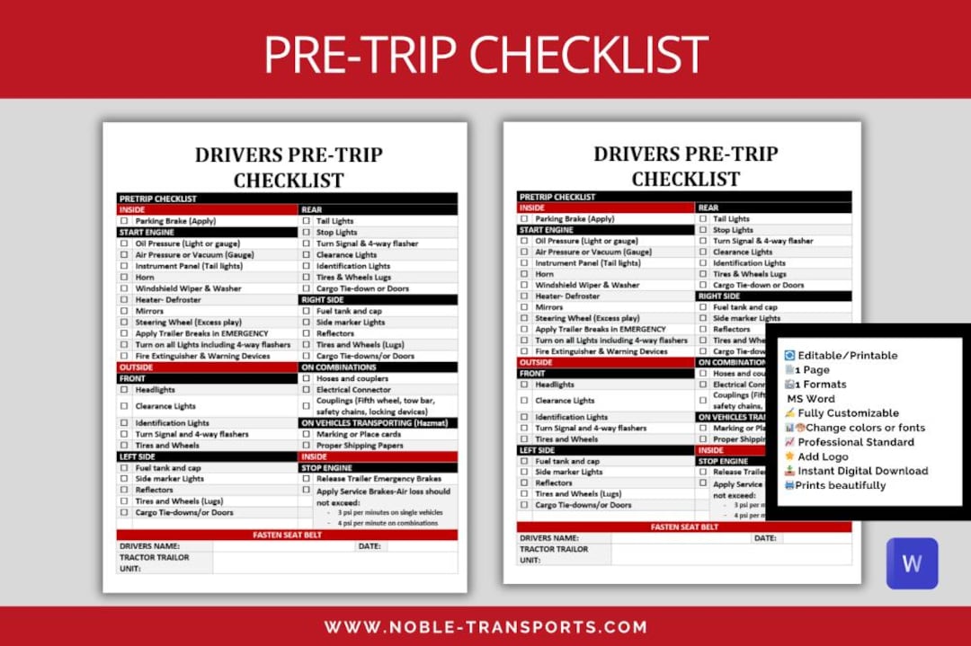 Driver Pre-trip Checklist Template - Etsy