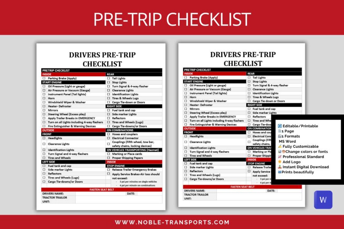 Driver Pre-trip Checklist Template - Etsy