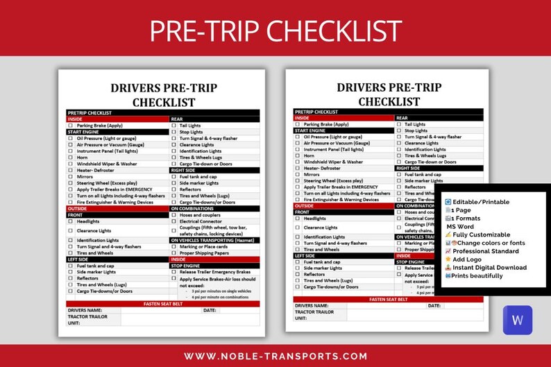 Driver Pre-trip Checklist Template - Etsy