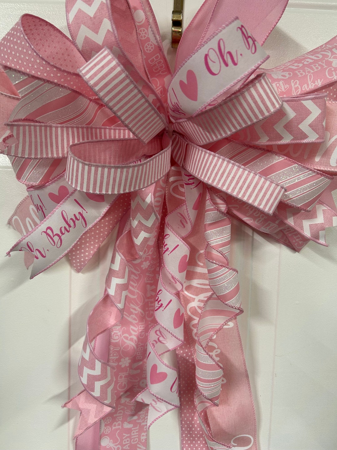 Baby Girl Welcome Bow - Pink Baby Shower Décor | Oh Baby Ribbon Wreath ...