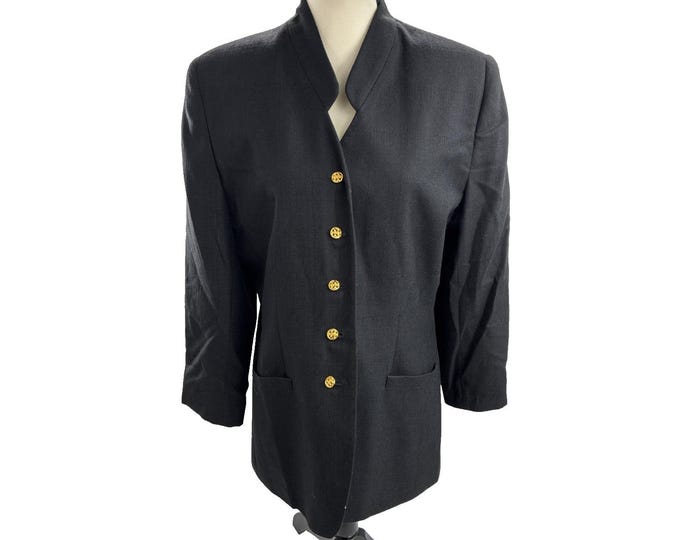 Atrium Womens Size 14 Black Blazer Jacket Gold Buttons Longline Vintage ...