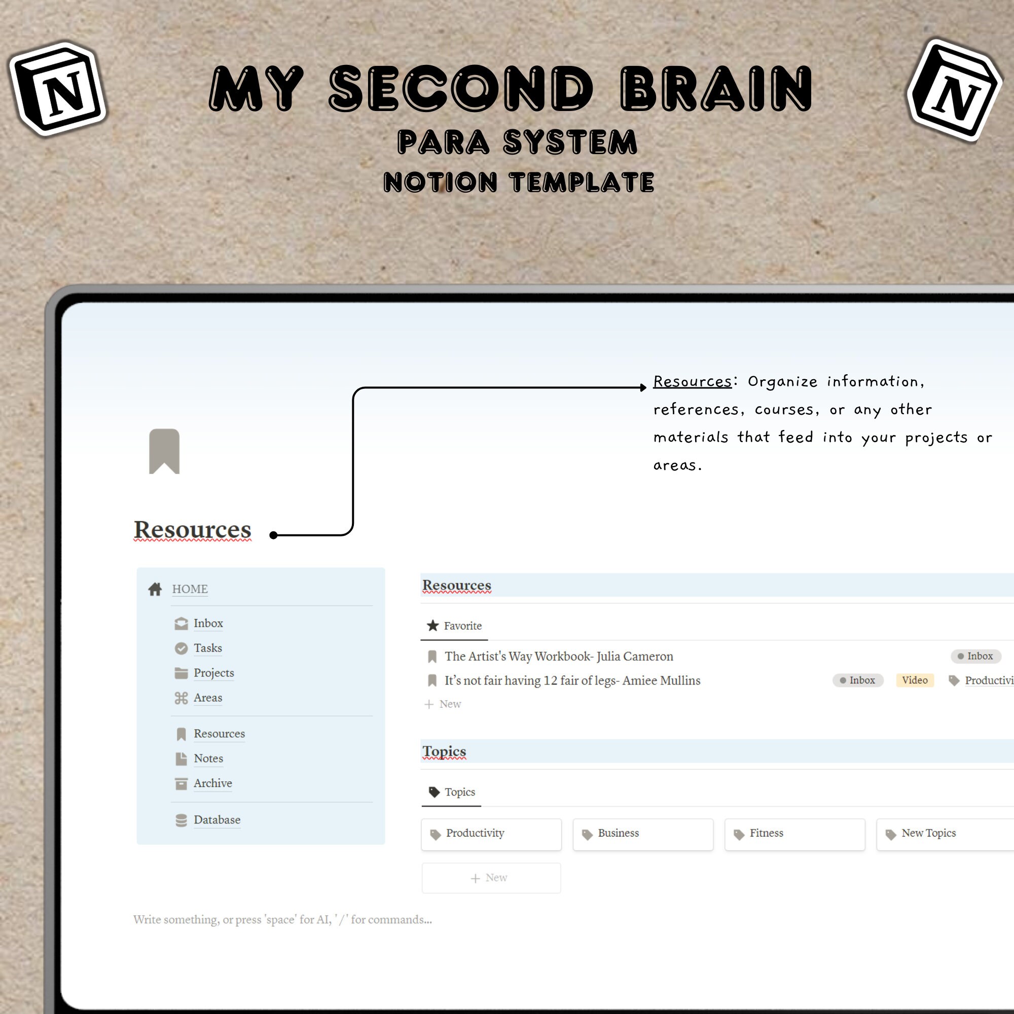 Second Brain PARA System Notion Template, All in One Notion Life ...