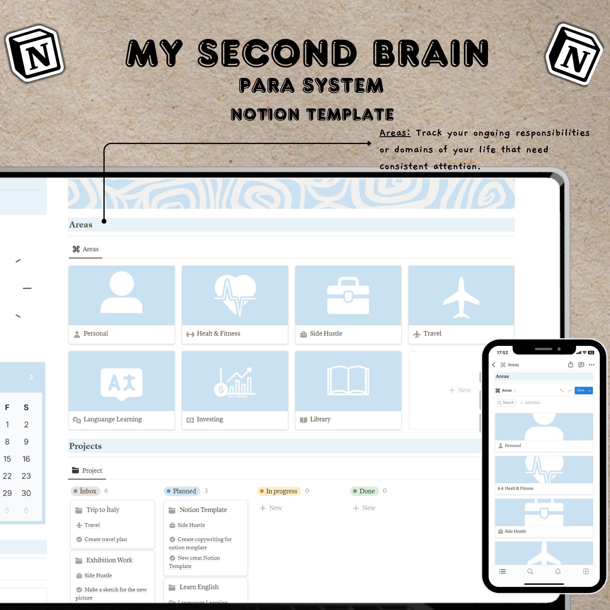 Second Brain PARA System Notion Template, All in One Notion Life ...