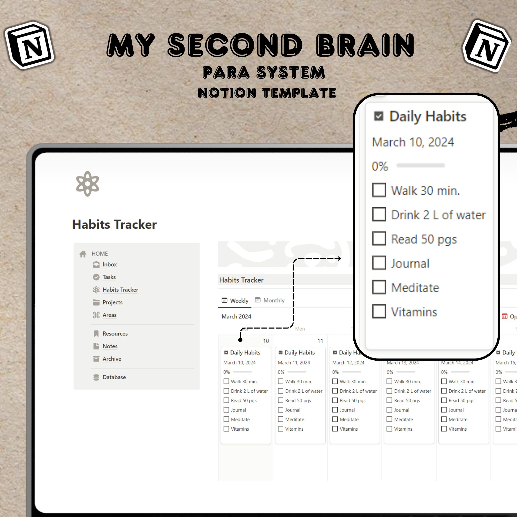 Second Brain Notion Template Notion Dashboard Simple Notion Planner Notion Template Adhd