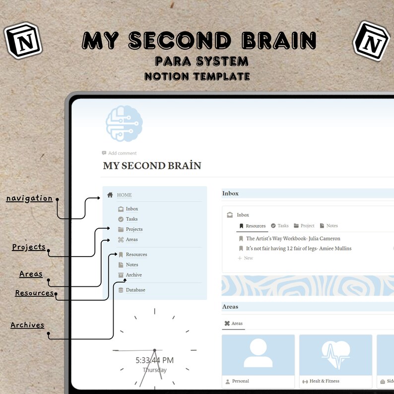Second Brain PARA System Notion Template, All in One Notion Life ...