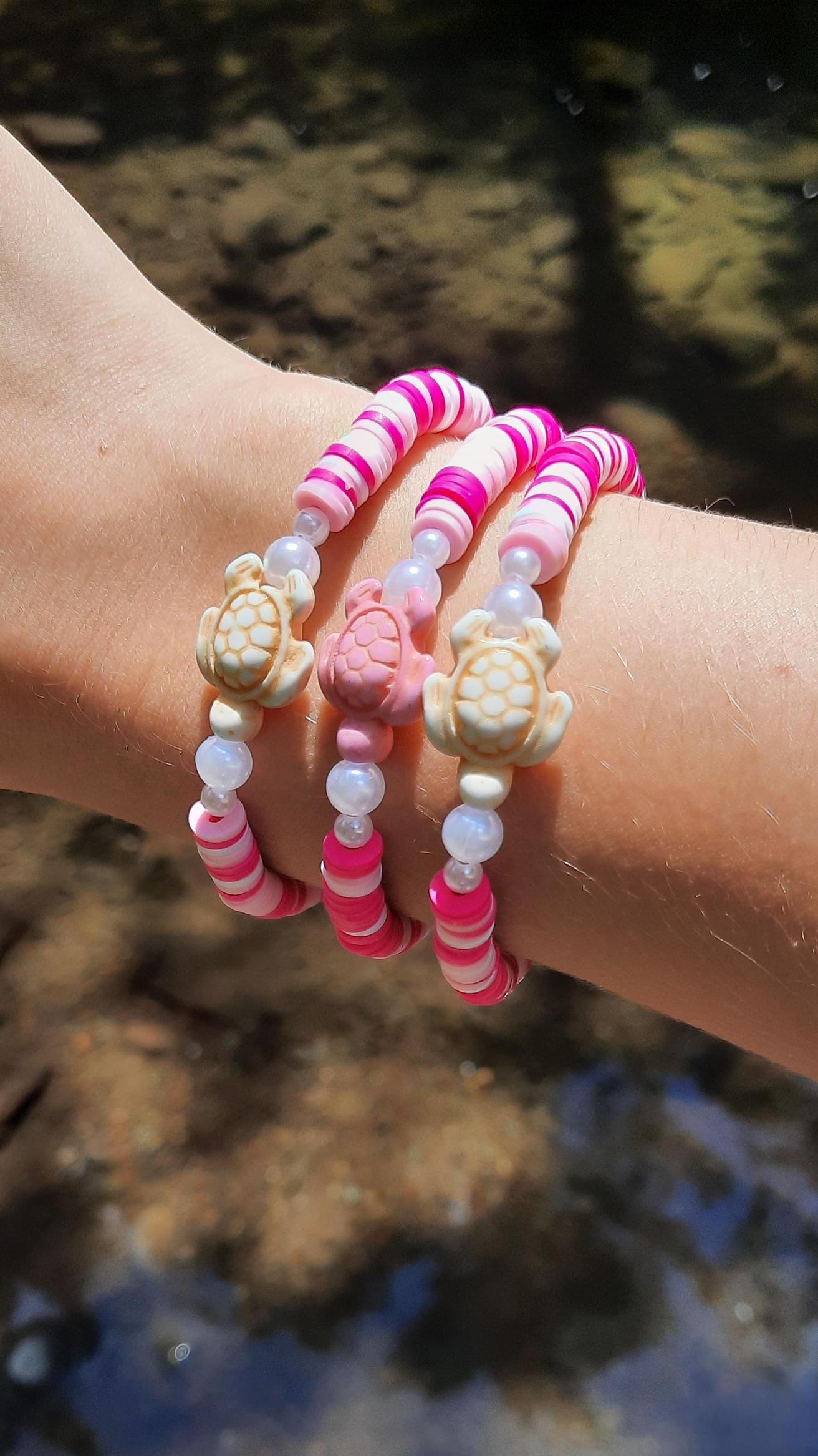 Pink Turtle Clay Bead Bracelet With Pearls by Chonky Kitty Studio - Etsy