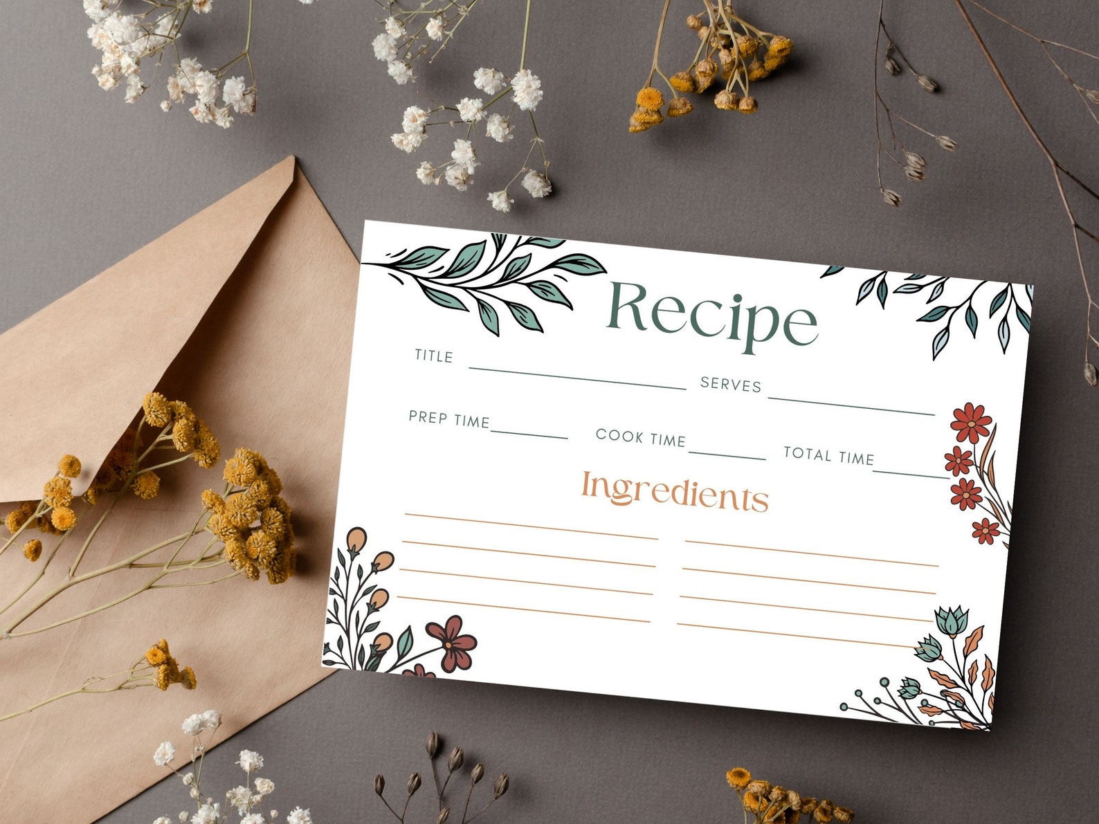 Floral Recipe Card Template, Editable Minimalist Recipe Card Template ...