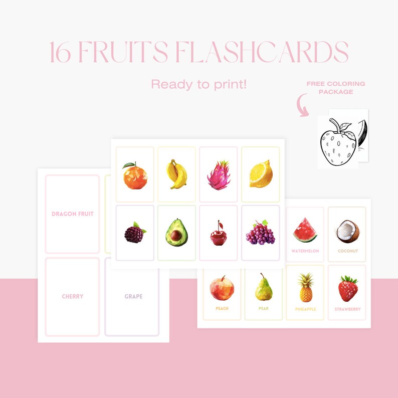 16 Fruits Flashcards + Free Coloring Package | Fruits Flash Cards ...