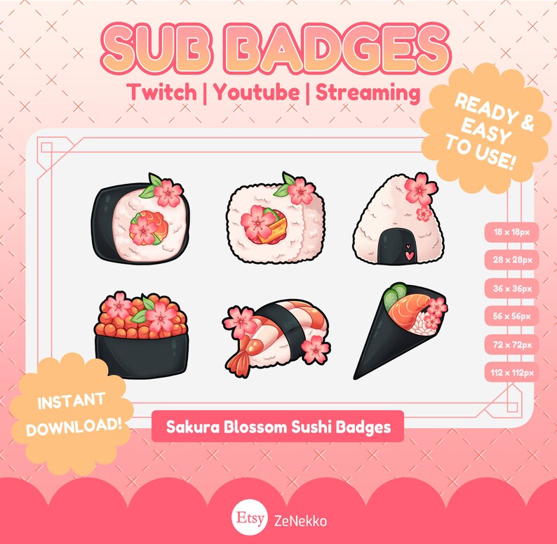 Sakura Blossom Sushi Sub Badges, Twitch/discord/youtube, Cute Bits ...