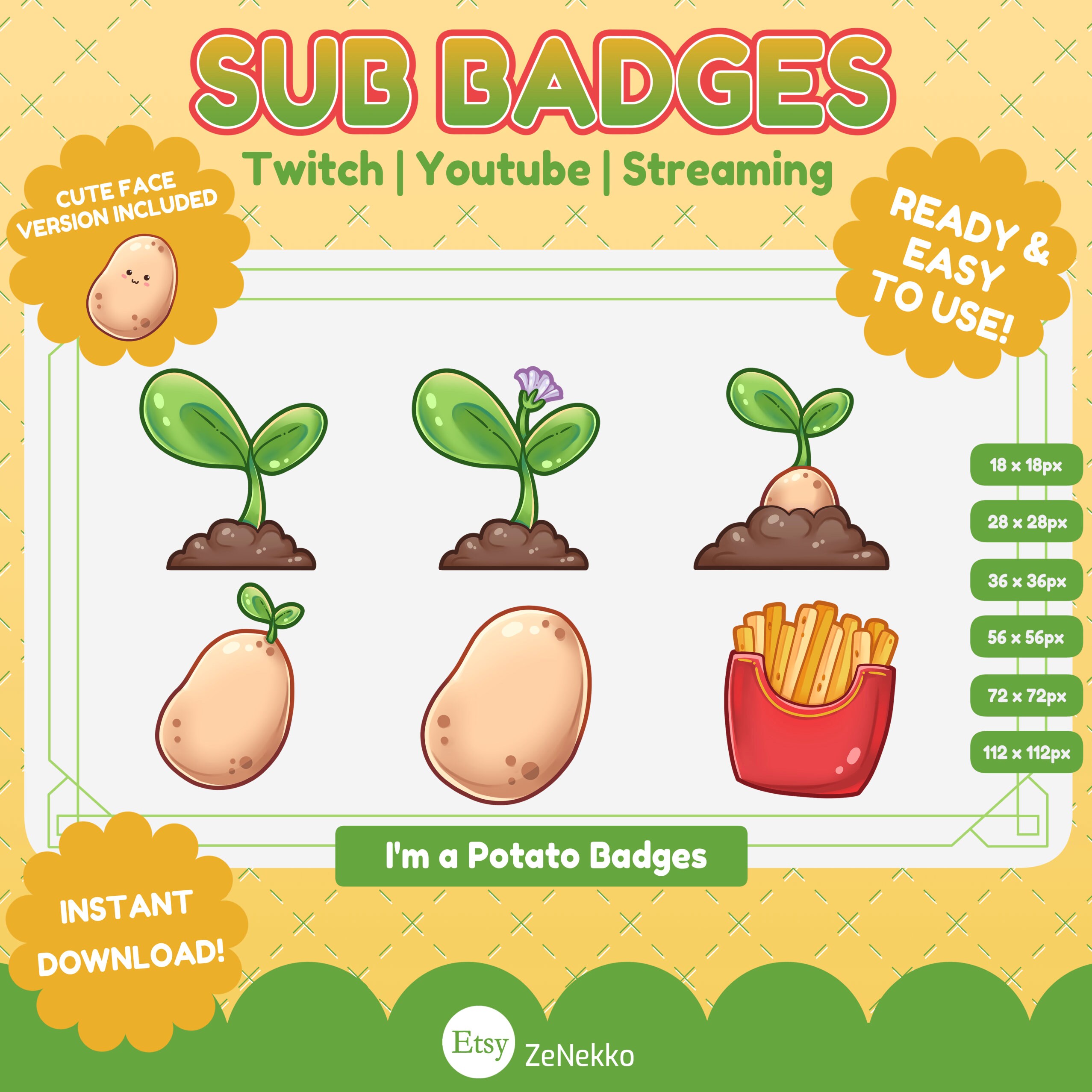 I'm a Potato Evolution Sub Badges, Twitch/discord/youtube, Cute Bits, Cheer Badges, Bit Badges ...