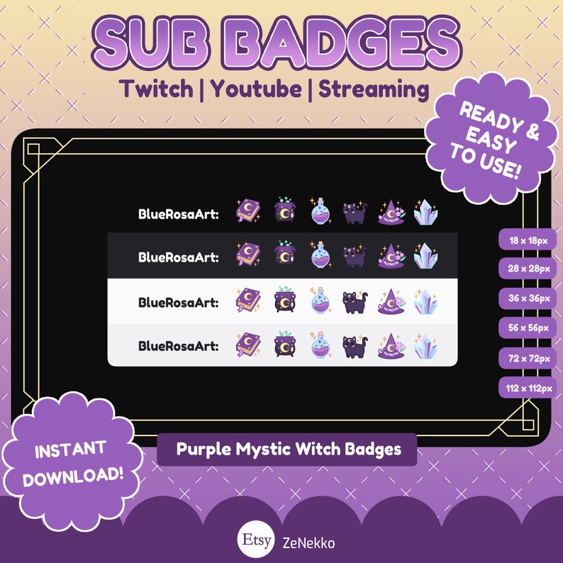 Mystic Purple Witch Sub Badges, Twitch/discord/youtube, Cute Bits ...