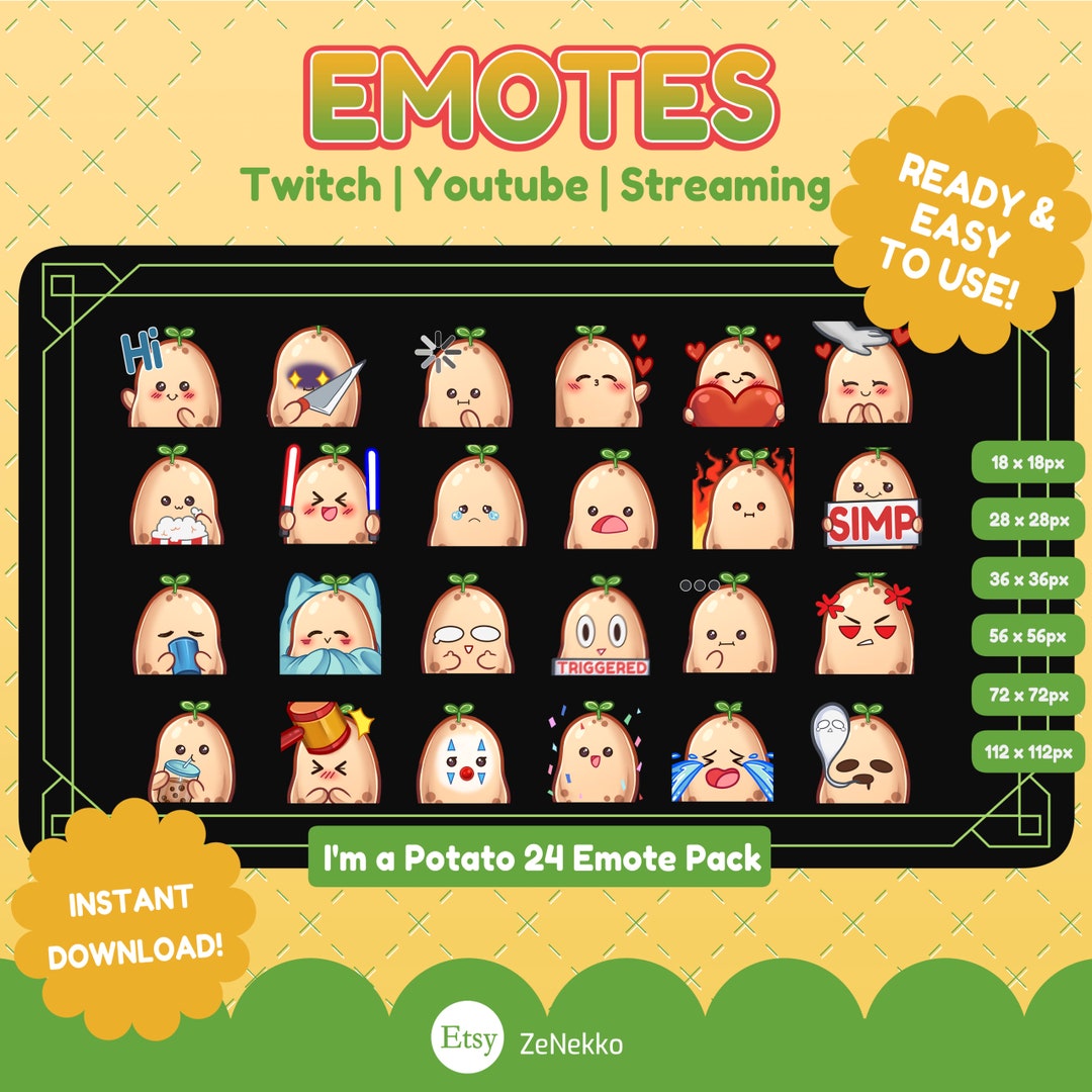 I'm a Potato 24 Emotes Pack, Twitch/discord/youtube, Cute Bits, Cheer ...