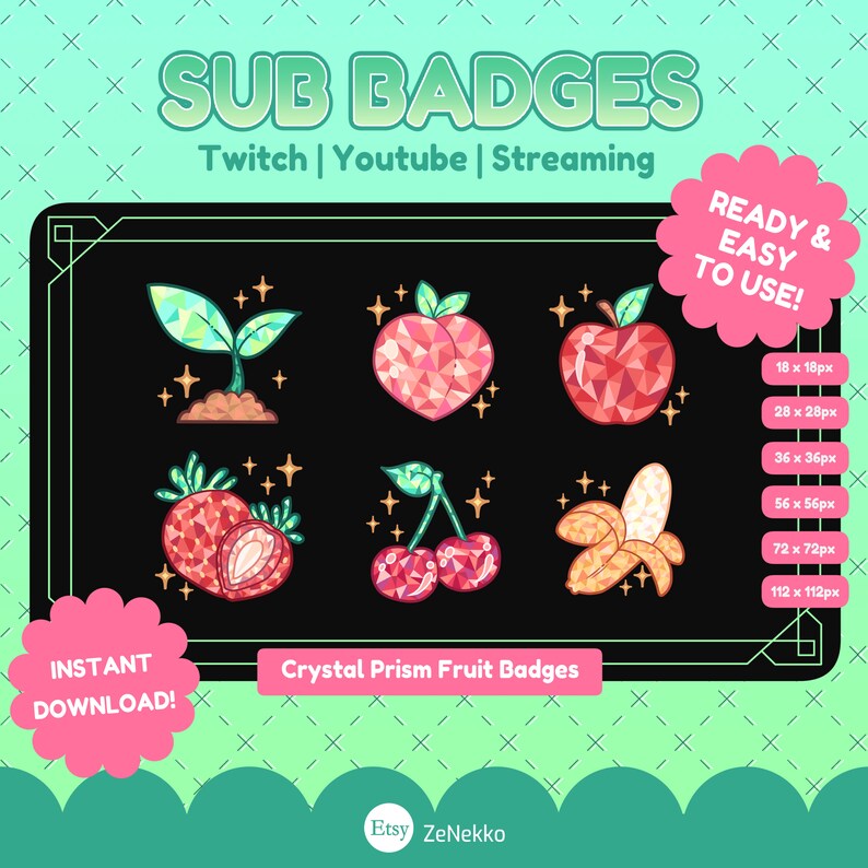 Crystal Prism Fruit Sub Badges, Twitch/discord/youtube, Cute Bits ...