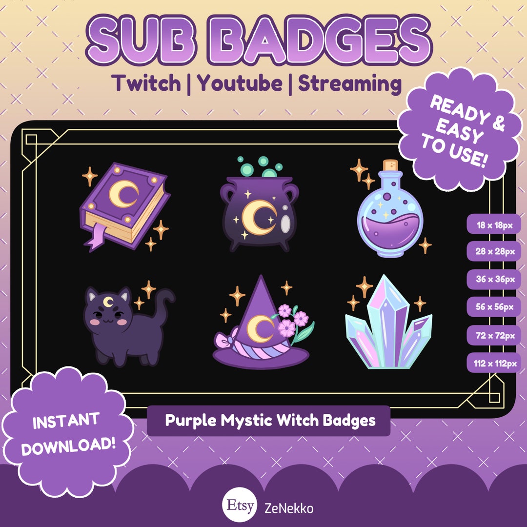Mystic Purple Witch Sub Badges, Twitch/discord/youtube, Cute Bits ...