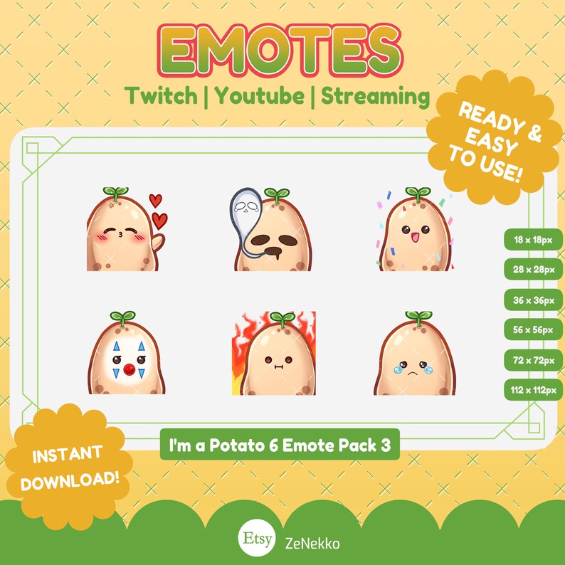 I'm a Potato Emotes Assorted Pack 3, Twitch/discord/youtube, Cute Bits ...