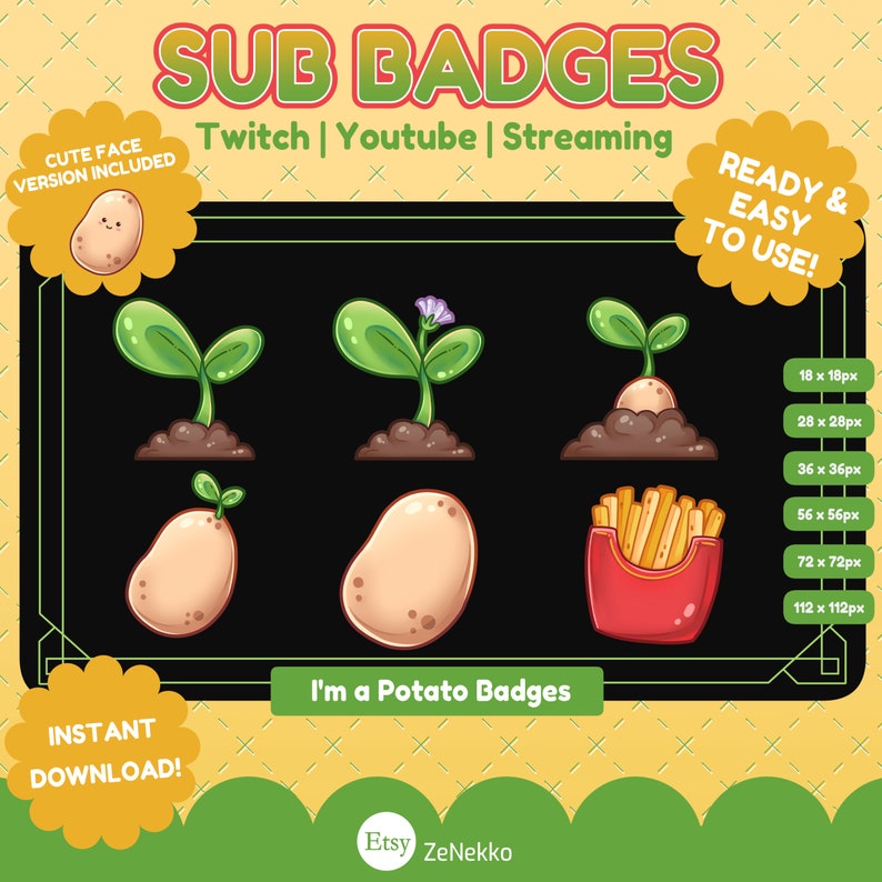 I'm a Potato Evolution Sub Badges, Twitch/discord/youtube, Cute Bits ...