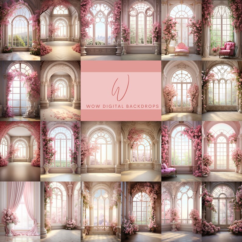 23 Fine Art Digital Backdrops, Pink Flowers and Curtains, Large Windows ...