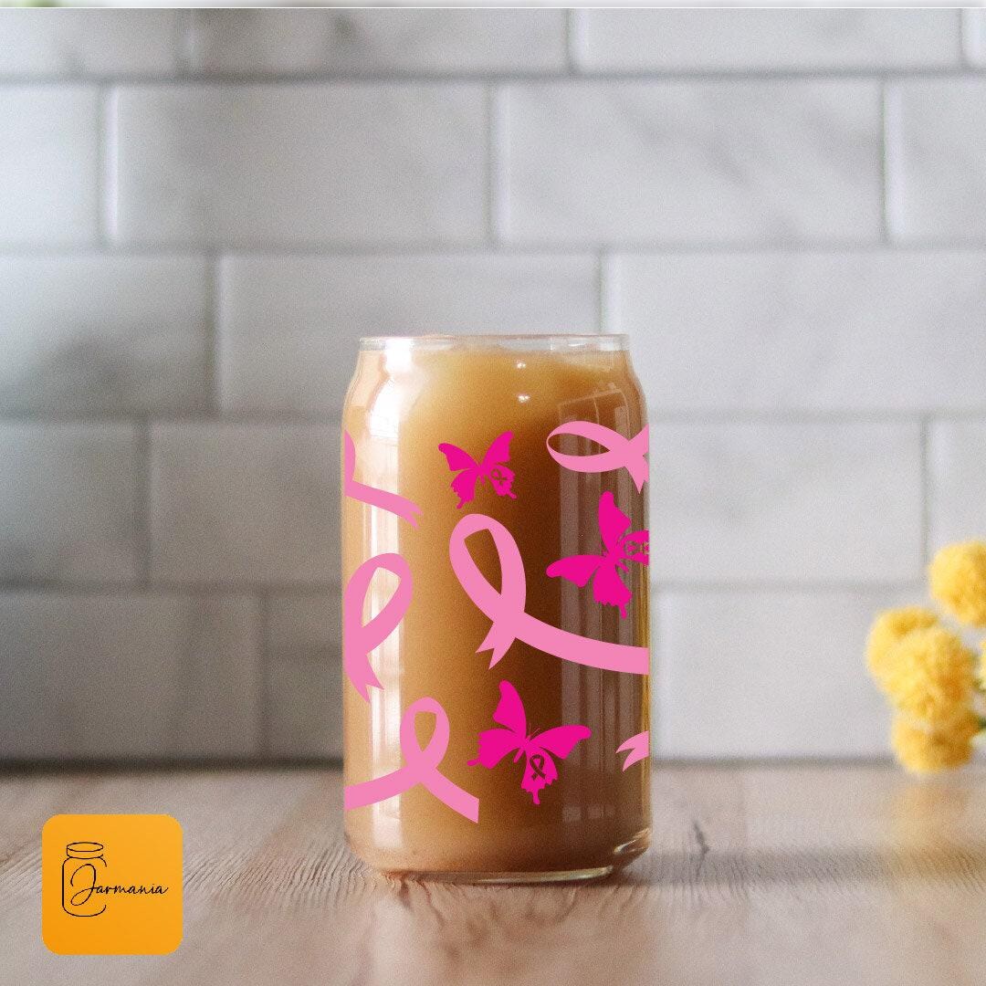 Pink Ribbon Jar, Cancer Awareness Glass Tumbler, Cancer Support Jar ...