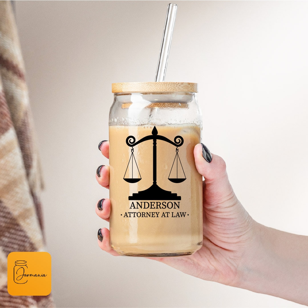 Personalized Scales of Justice Glass Drinking Jar, Lawyer Mason Jar ...