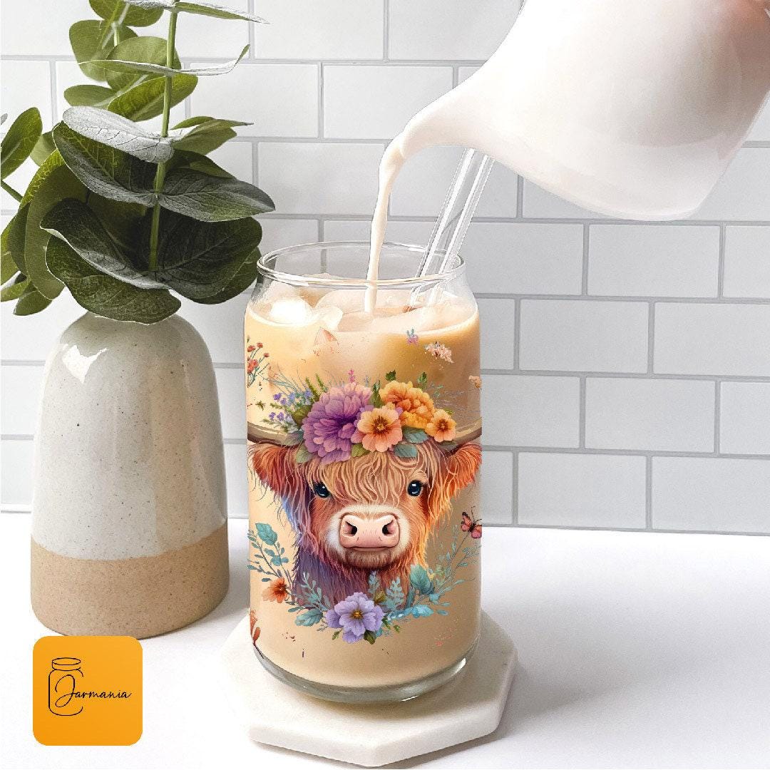 Floral Highland Cow Glass Jar, Cow Lover Drinking Jar, Highland Cow Jar ...