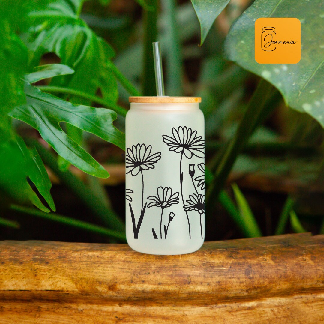 Wildflower Drinking Jar, Floral Mason Jar, Flower Glass Jar, Cute ...