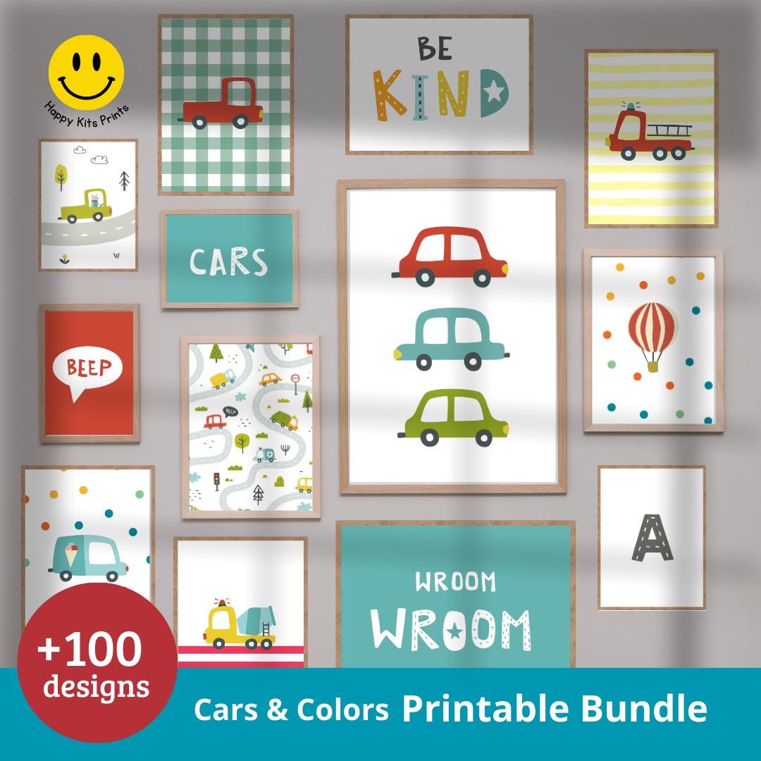 Vibrant Car Prints Bundle for Boys' Rooms | Colorful Toddler Wall Art ...